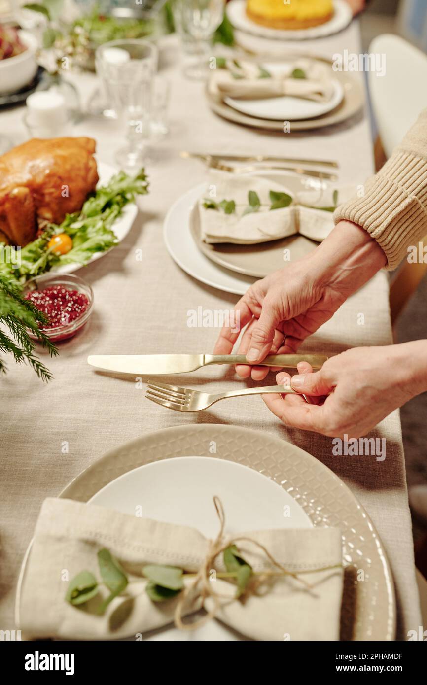 Woman putting plates on table hi-res stock photography and images - Alamy