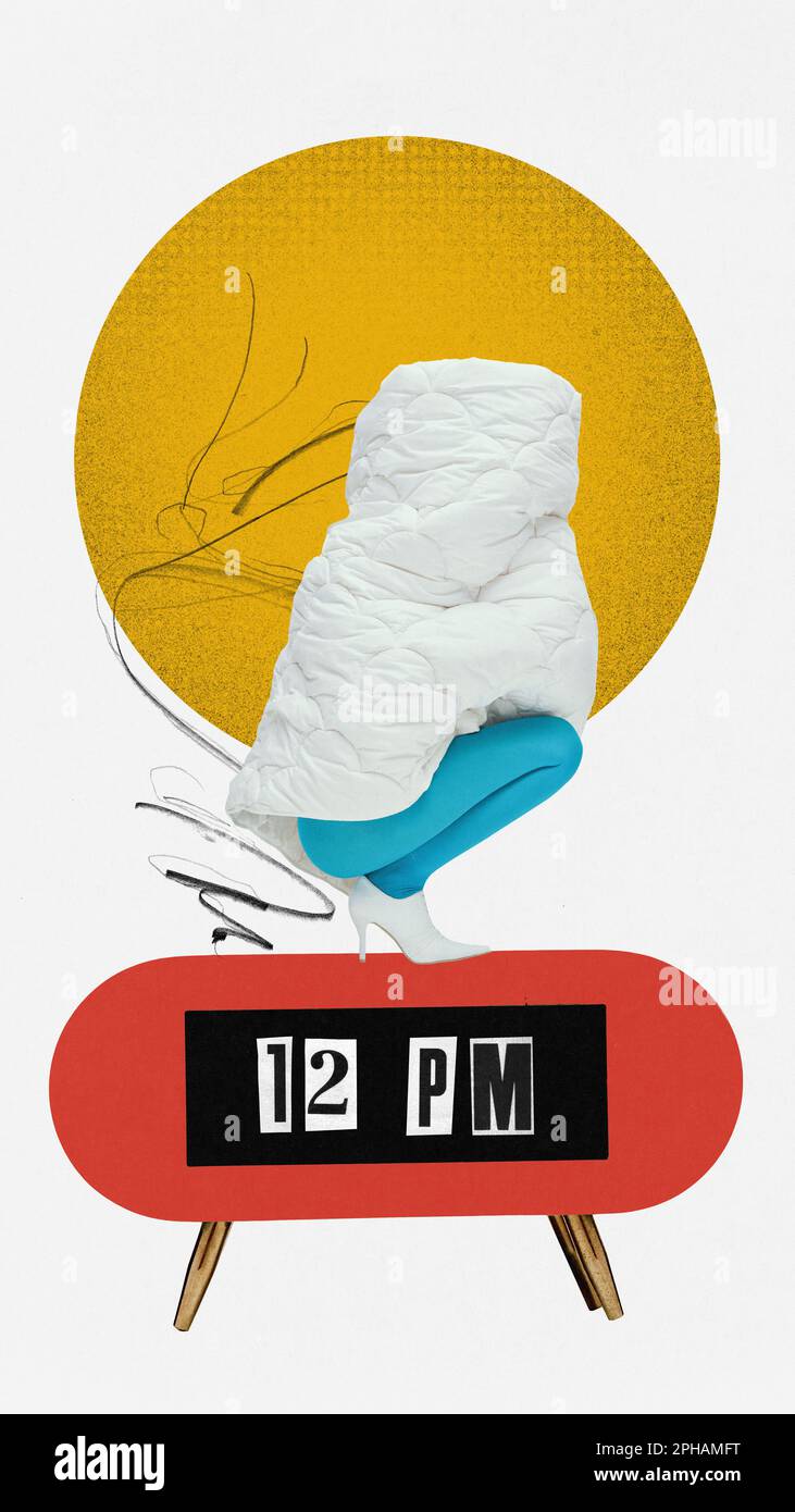 Don't care about time. Young girl covered in blanket sitting on clock ...