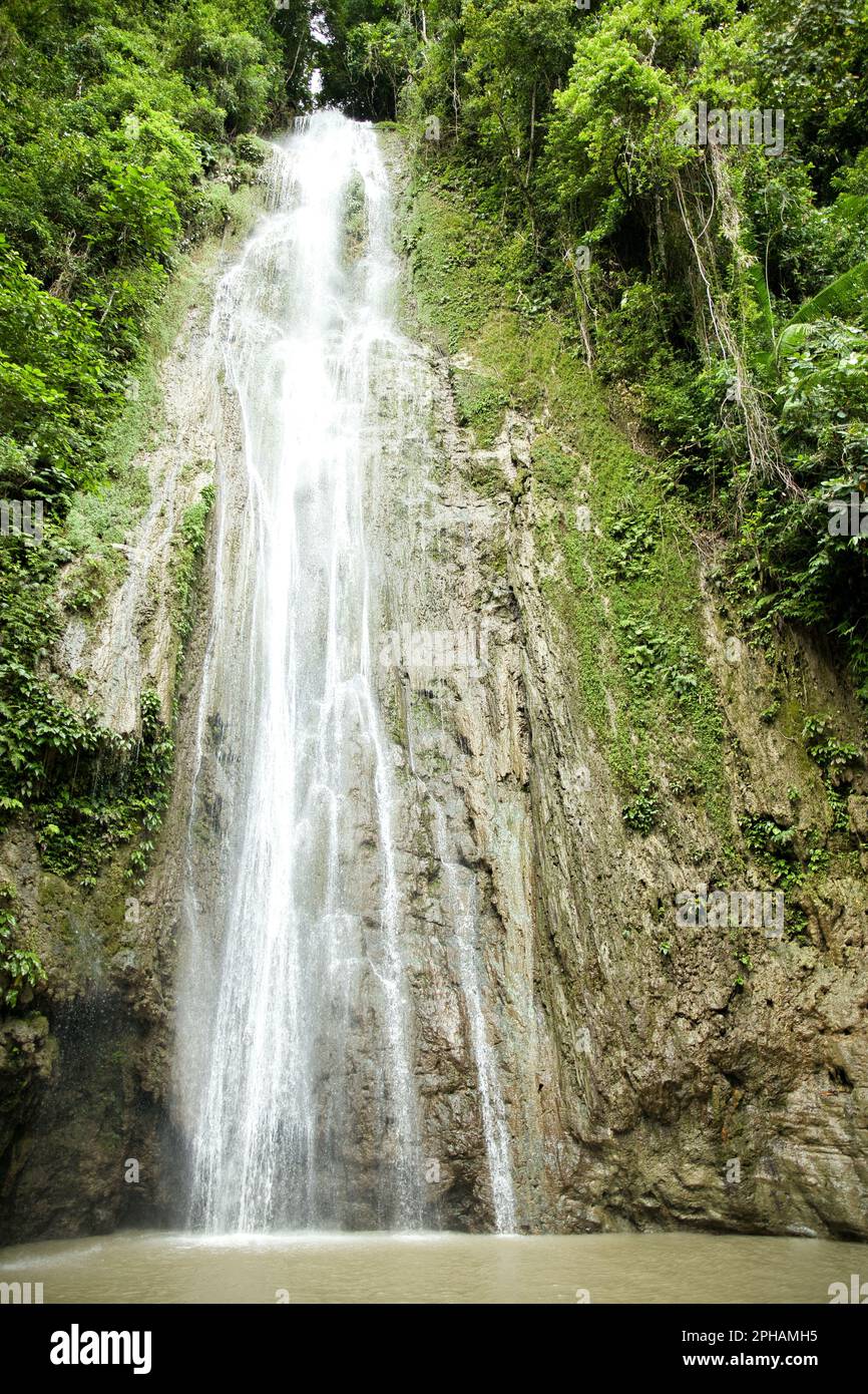 The idyllic Cangbangang Waterfalls in Siquijor in the Philippines surrounded by the light-lit ...