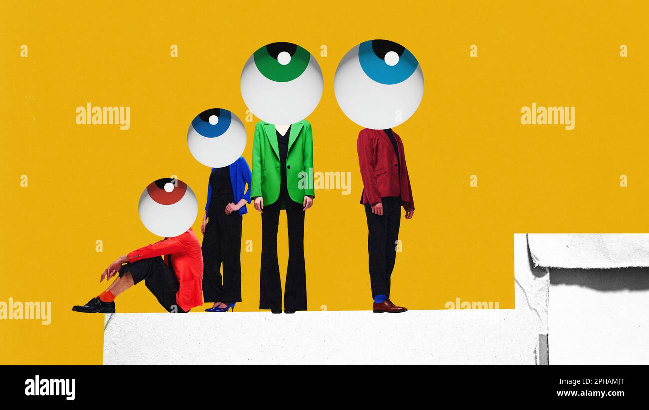 People in multicolored jackets headed with giant eyes against yellow ...