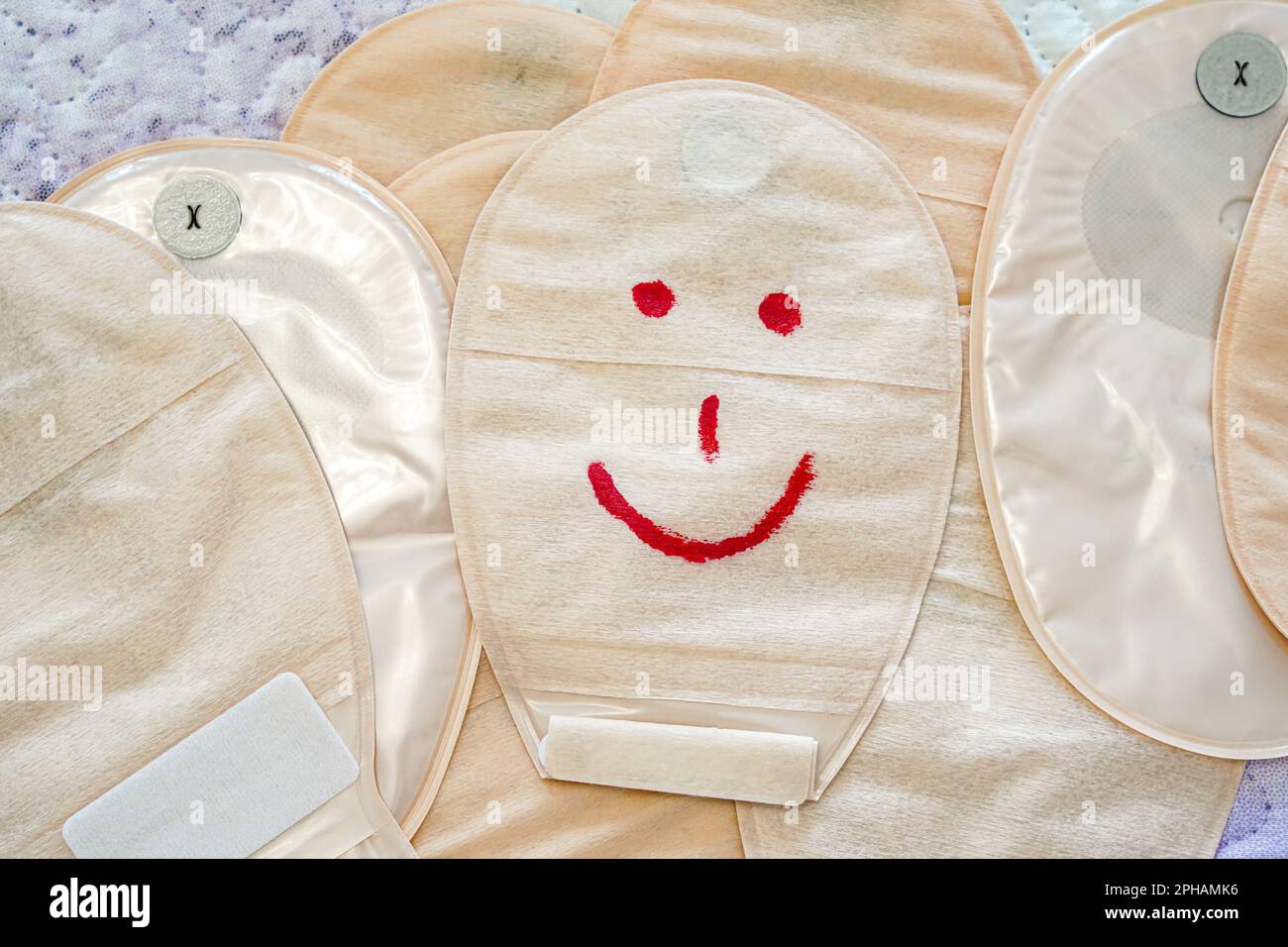 Ostomy bags with a smiley face. World colon cancer day Stock Photo - Alamy