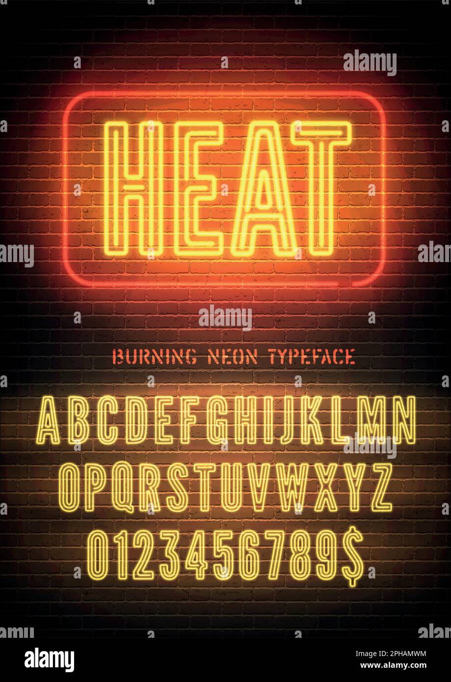Hot sign with orange neon bold narrow alphabet on dark brick wall ...