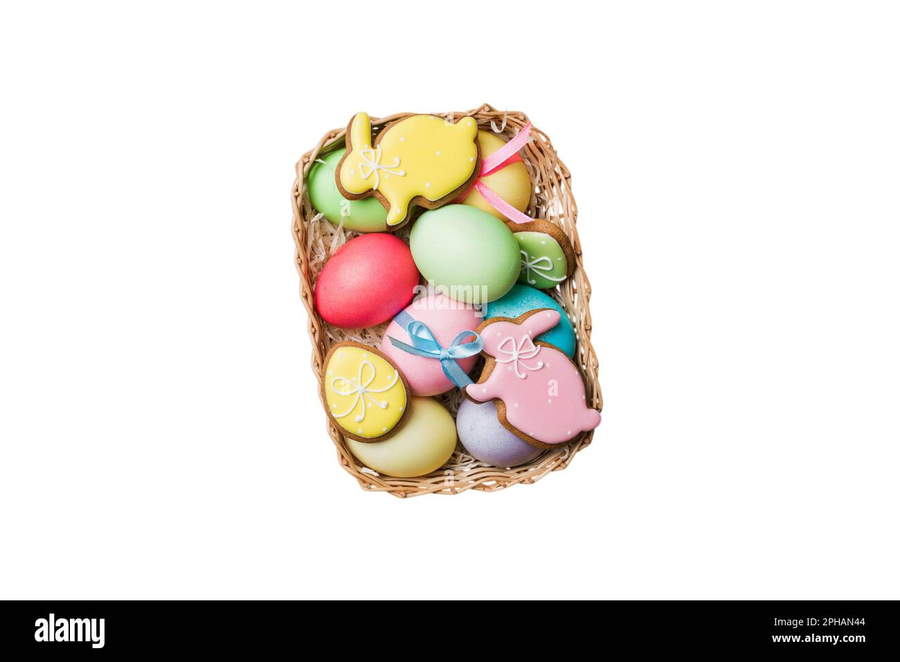 Colorful easter cookies in basket with Multi colors Easter eggs ...