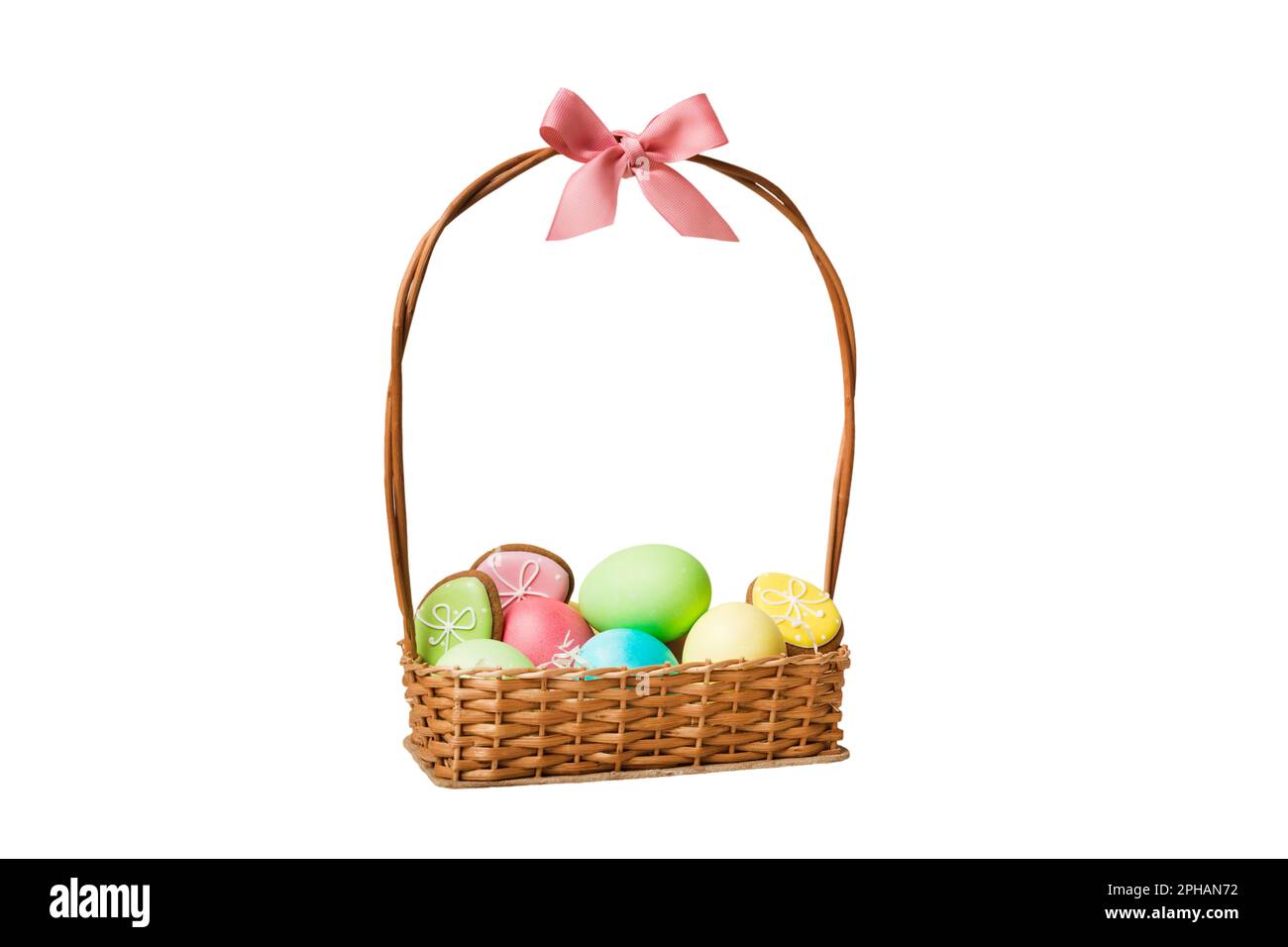 Basket of colorful Easter eggs isolated on white background. Easter ...