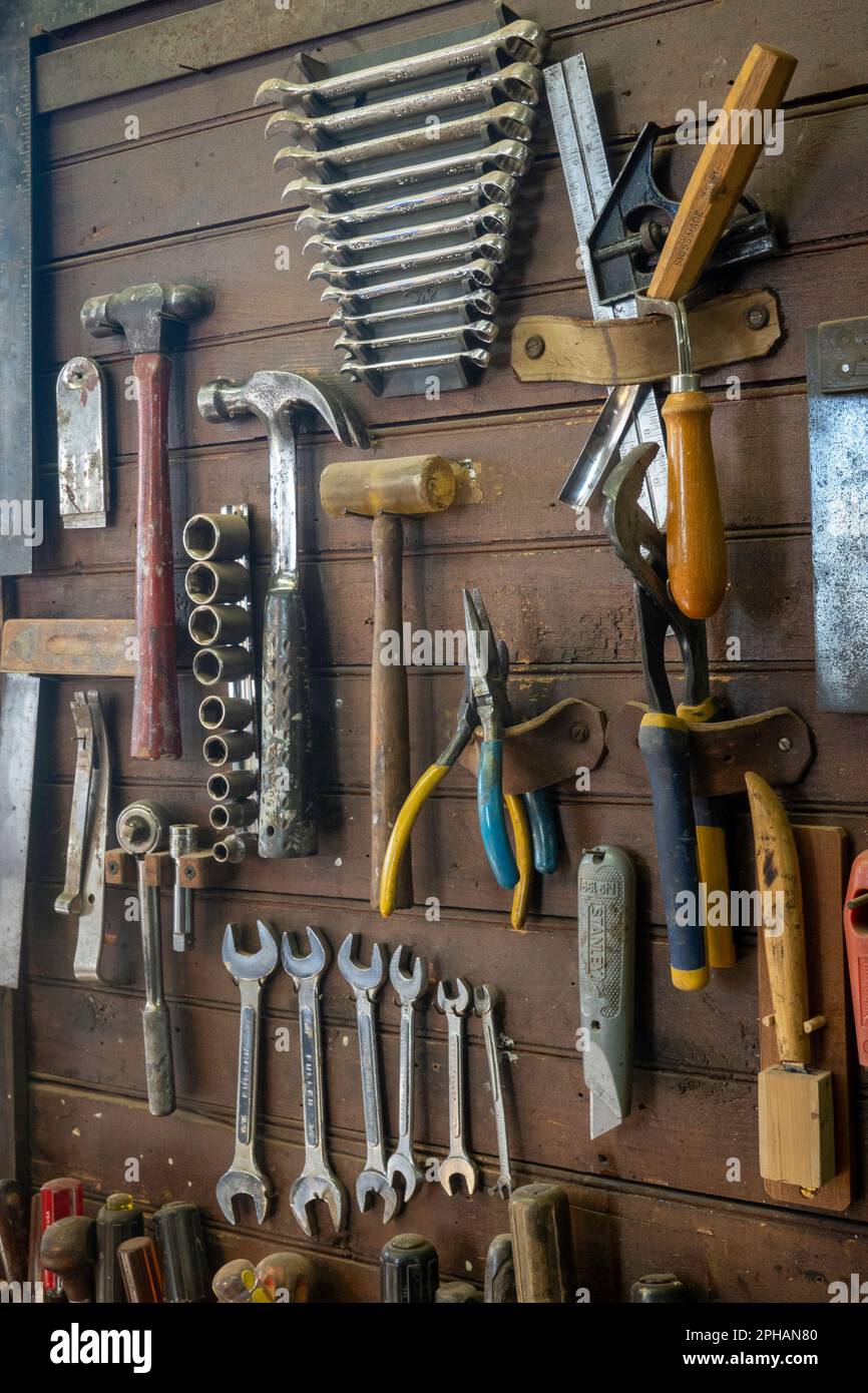 Close-up of a well-stocked workshop, tool wall, 2023, Bucks County ...