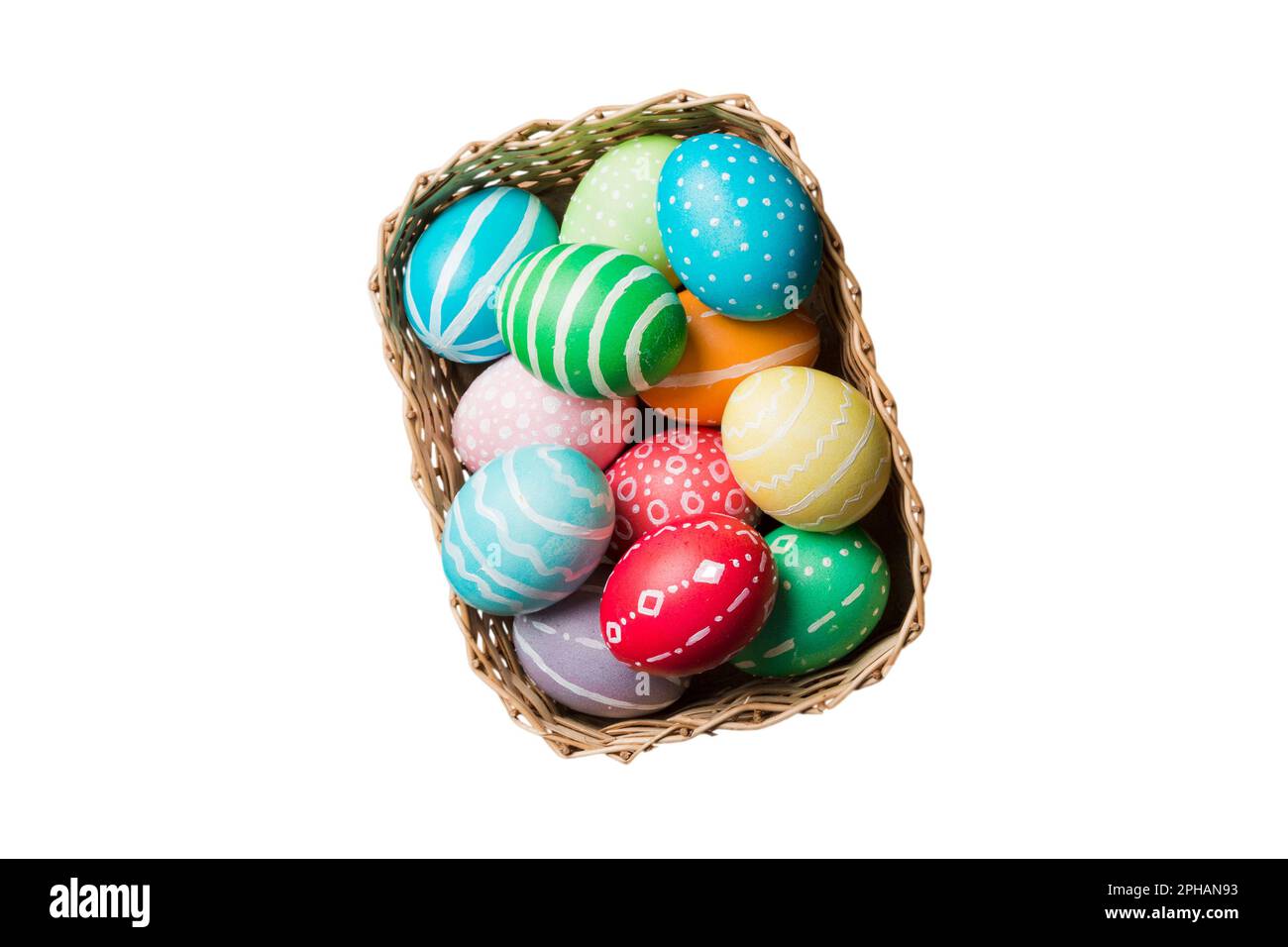 Basket of colorful Easter eggs isolated on white background. Easter ...