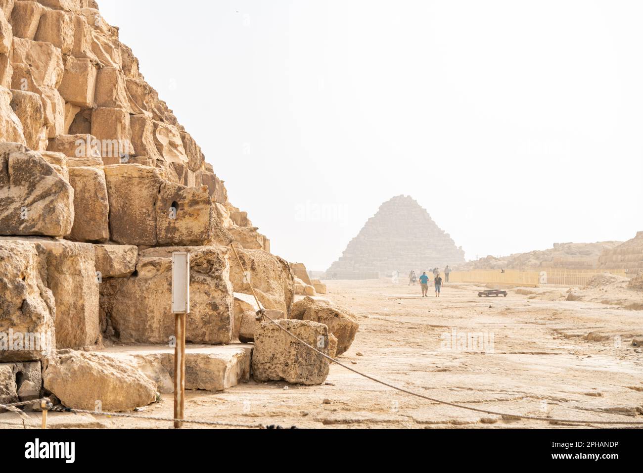 A view of a pyramid temple at the Pyramids of Giza complex in Egypt ...