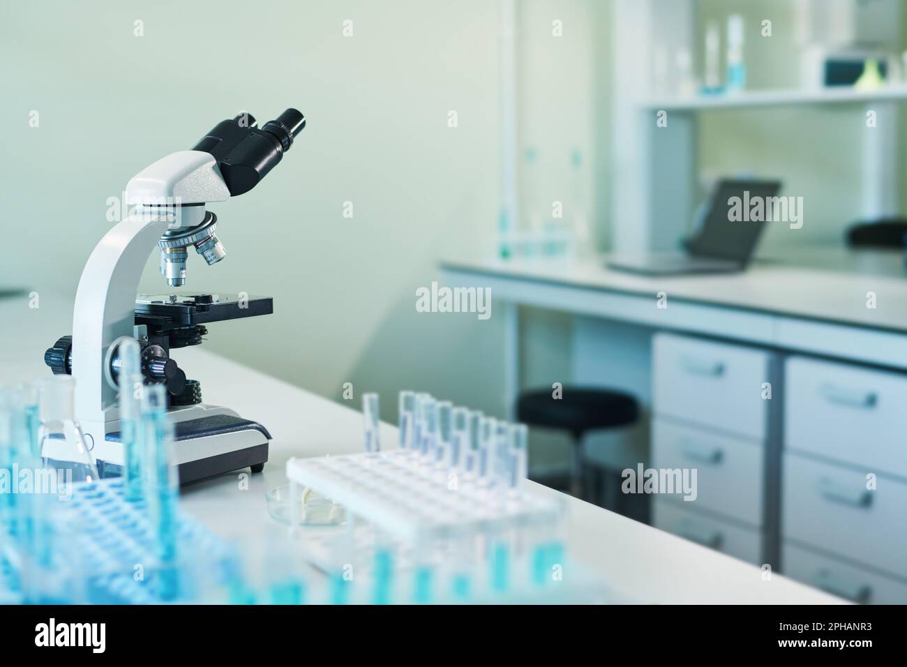 Interior of scientific or clinical laboratory with microscope and ...