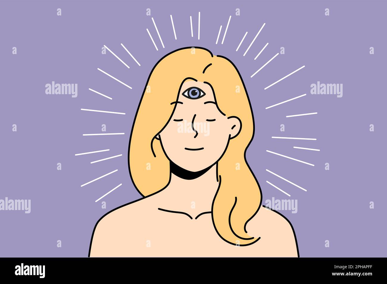 Calm woman with third eye on forehead use intuition for decision making ...