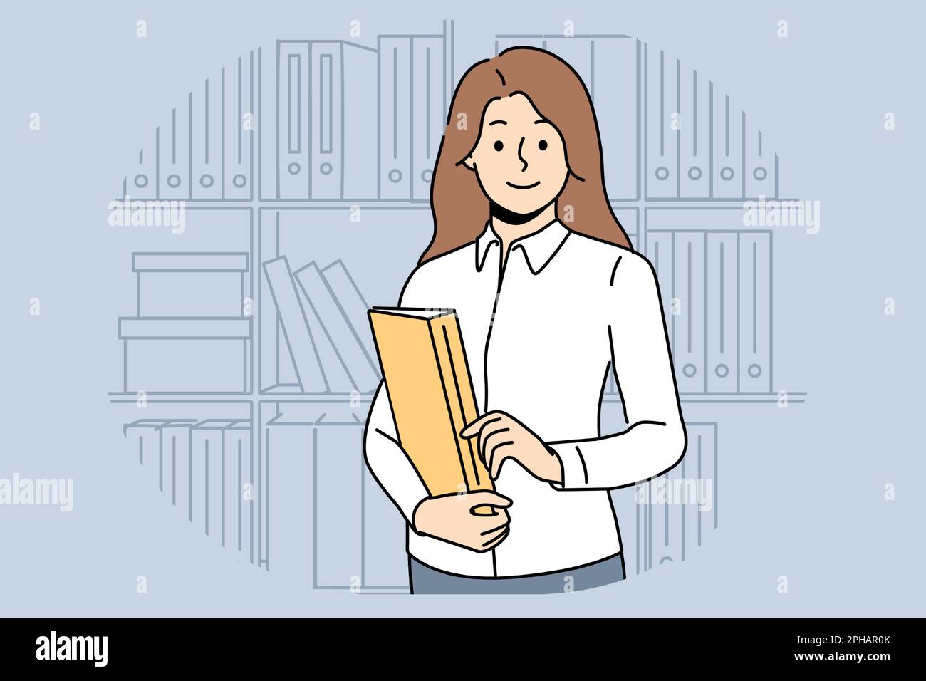 Smiling businesswoman hold folder in hands posing on office. Woman ...