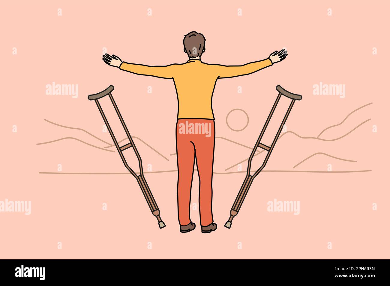 Disabled man let go of crutches face sunset enjoy recovery. Back view ...