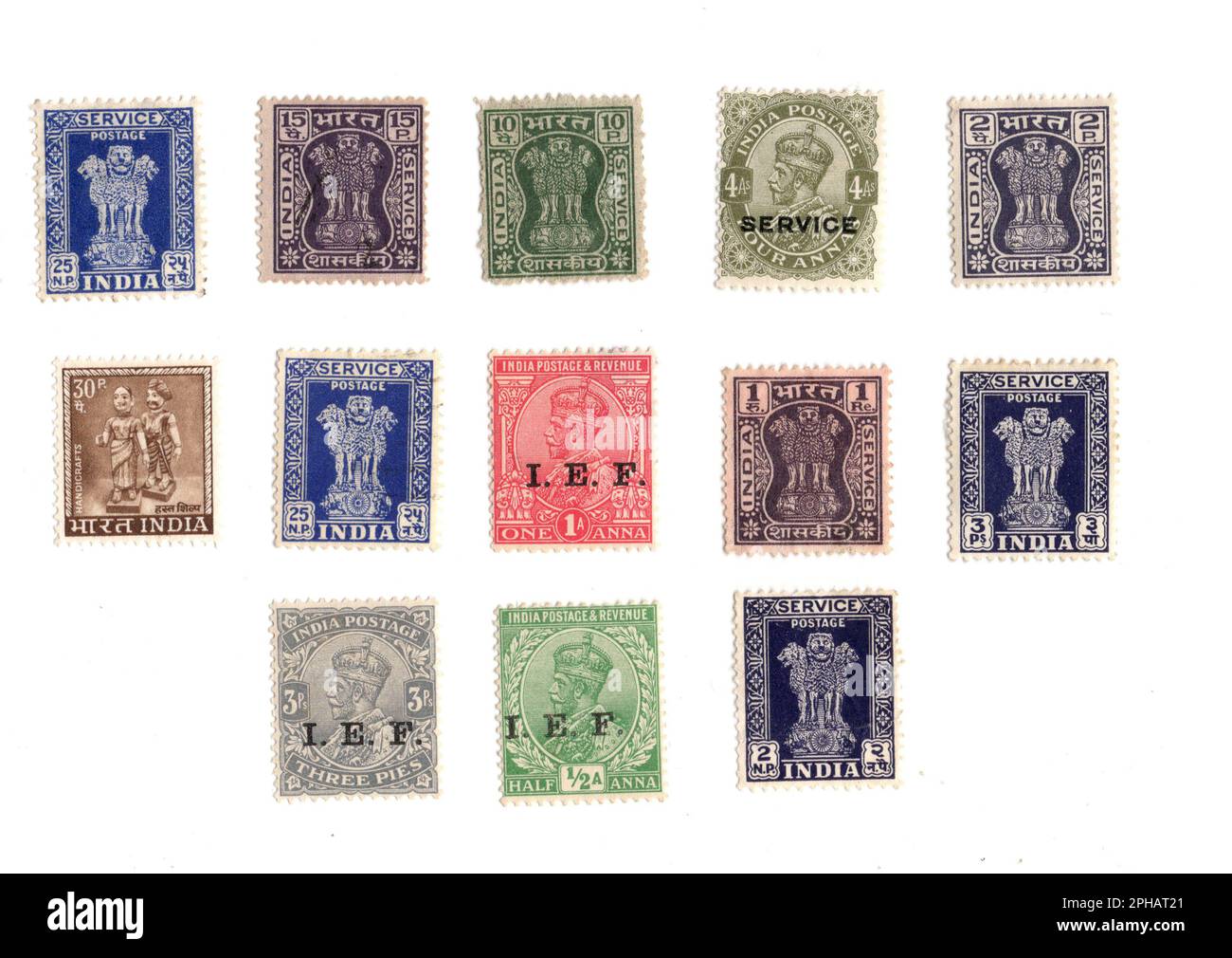 Vintage mint postage stamps from India isolated on a white background ...