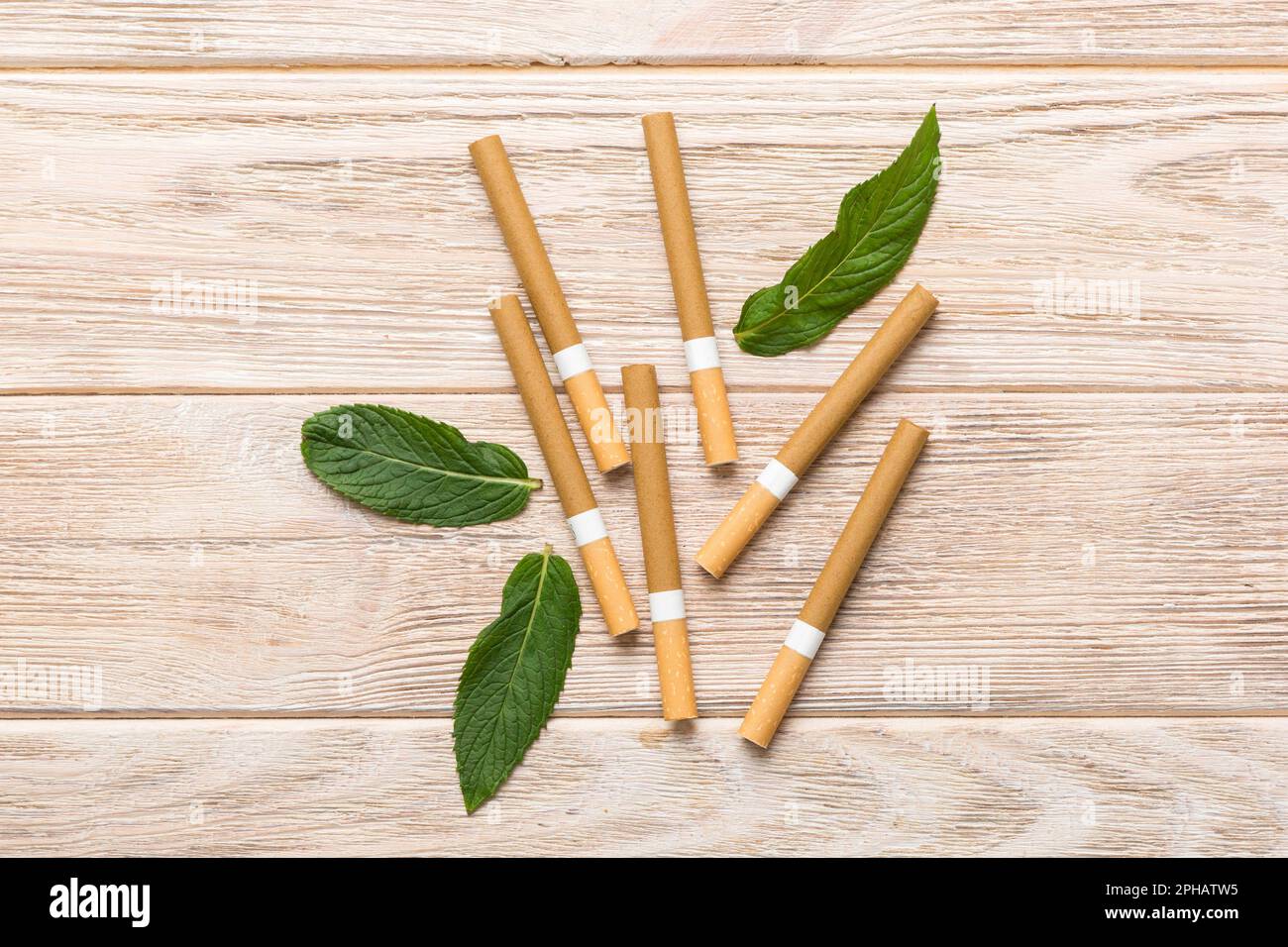 Menthol cigarettes and fresh mint leaves on colored background, Many ...