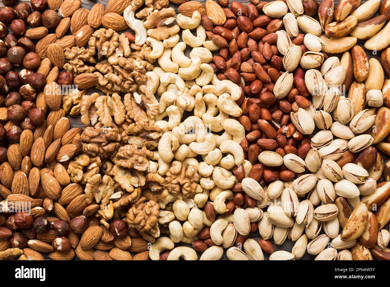different nuts background. Close up, top view, flat lay. Walnut ...