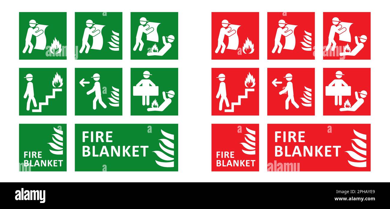 Fire blanket or extinguishing blanket symbol. Man with fire flame. Stop ...