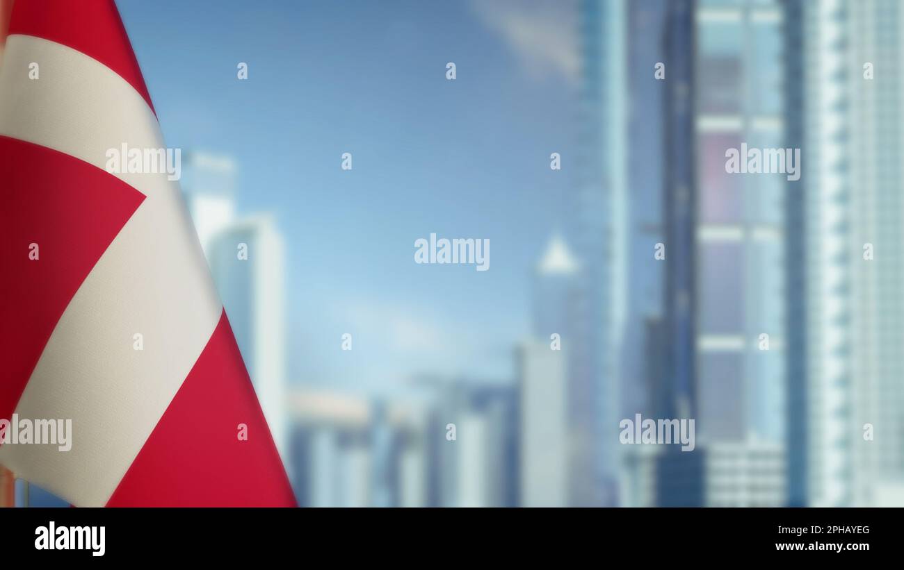 flag of Denmark on modern city architecture bokeh bg for day of the ...