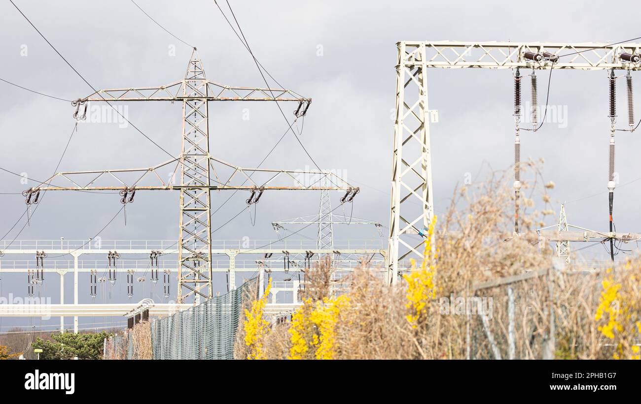 Lehrte, Germany. 27th Mar, 2023. Electricity lines run at the ...