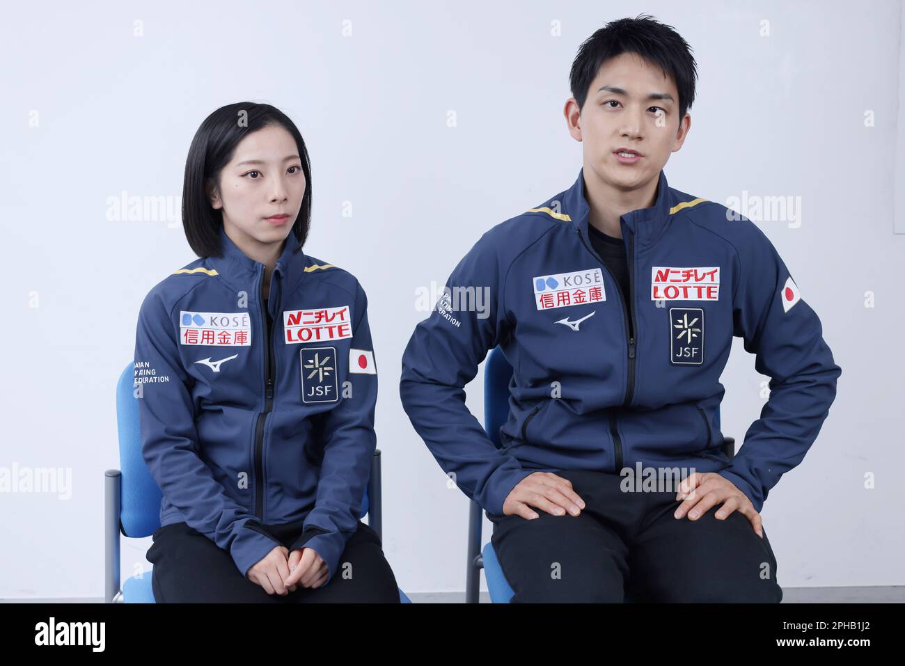 Japanese pair Riku Miura and Ryuichi Kihara speak during an inverview ahead of the 2023 ISU ...