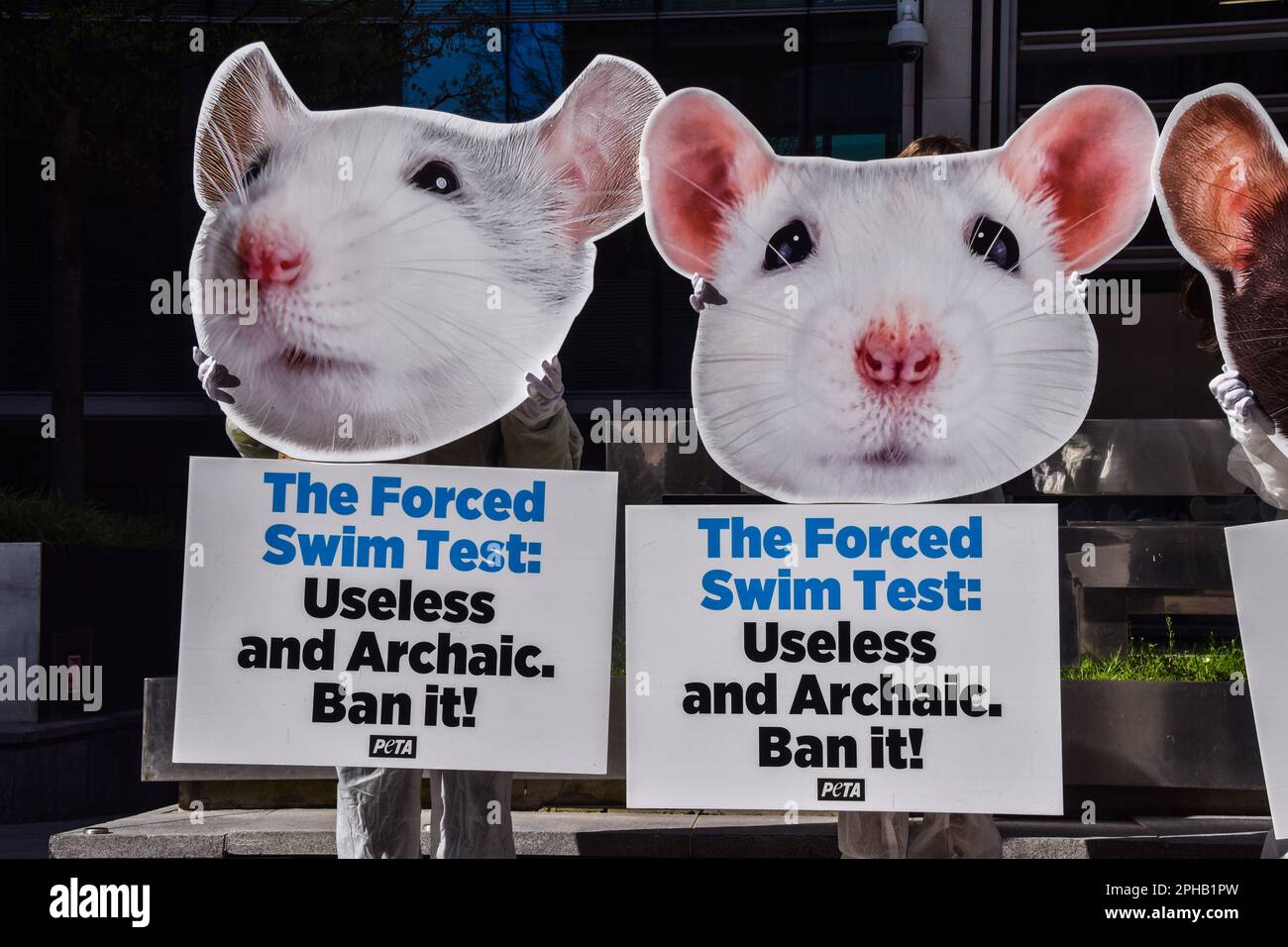 London, UK. 27th Mar, 2023. PETA activists hold huge mouse masks and ...