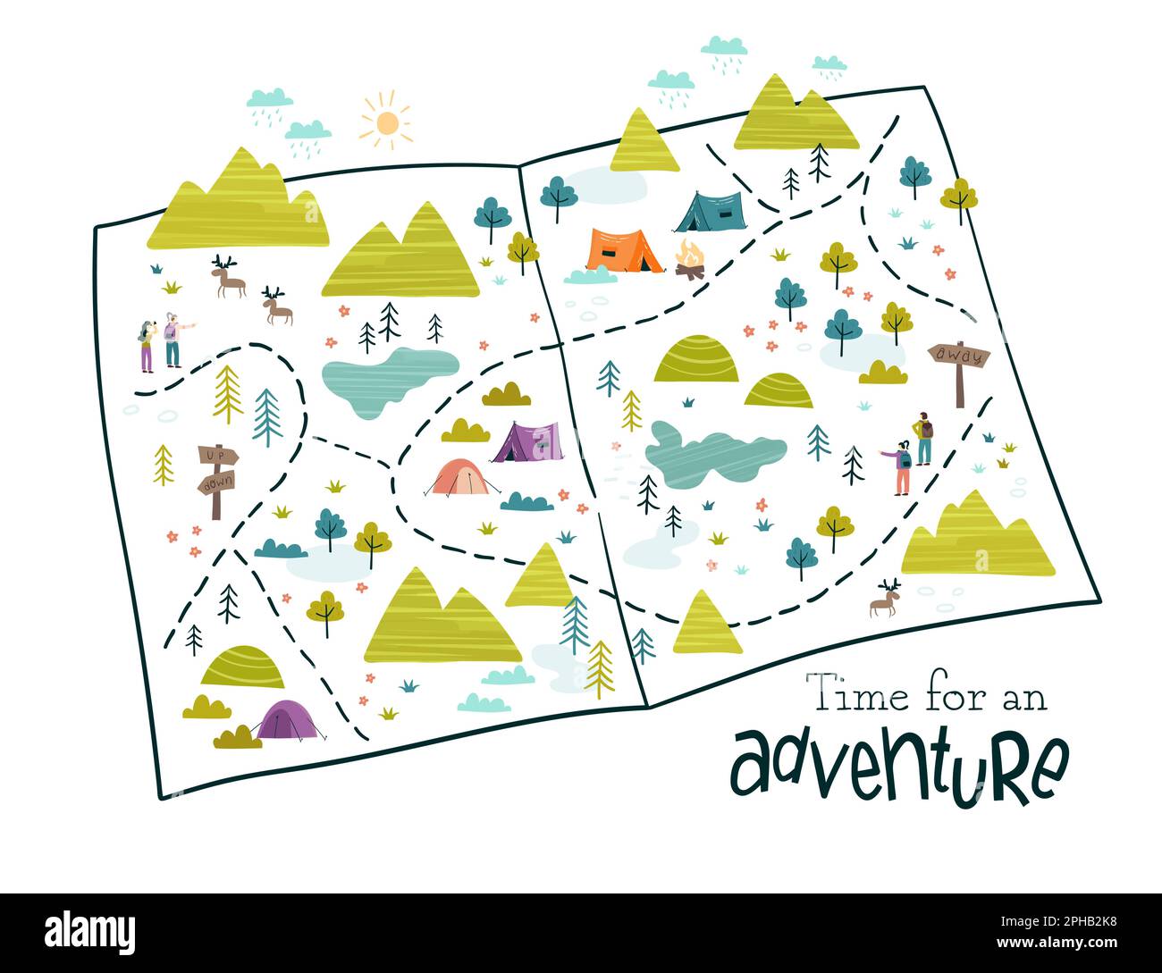 Cute hand drawn vector map with camping doodles, tents, landscape and ...