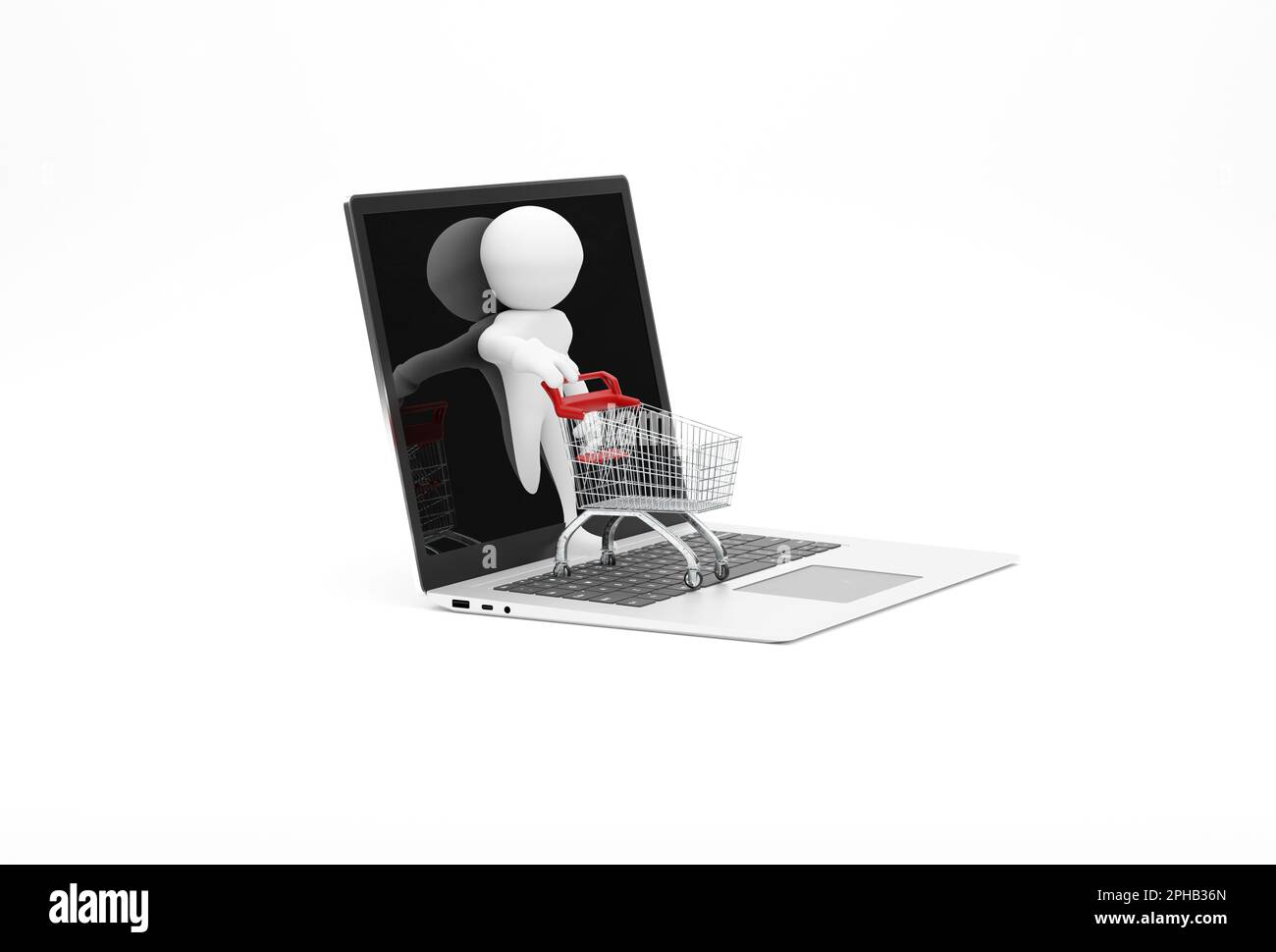 Small character with a shopping trolley on a laptop computer, white ...