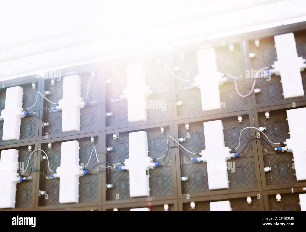 Sunlight flare over rear view of multiple stage LED Display panels ...