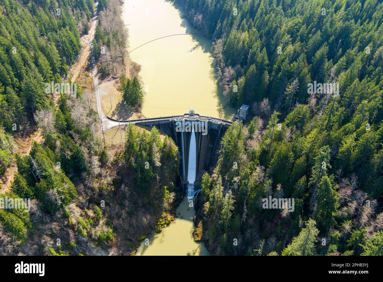 Aerial view of the Alder Dam and Nisqually River in the Cascade ...