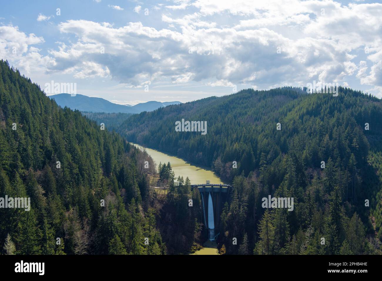 Aerial view of the Alder Dam and Nisqually River in the Cascade ...