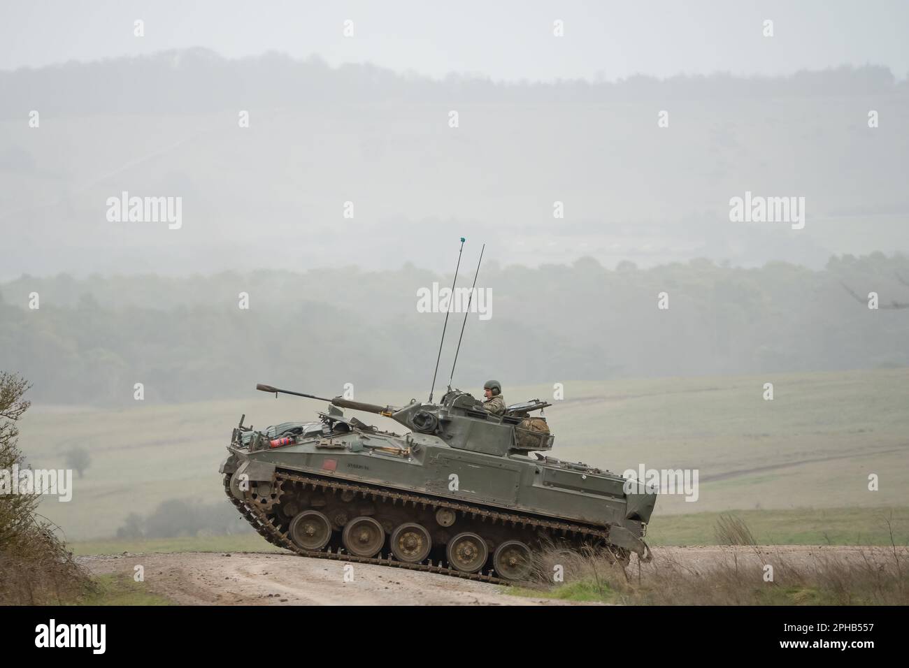 British army FV510 Warrior Fighting Vehicle manoeuvres on a military ...