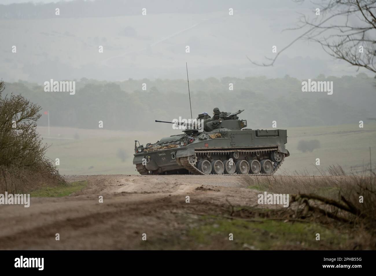 British army FV510 Warrior Fighting Vehicle manoeuvres on a military ...