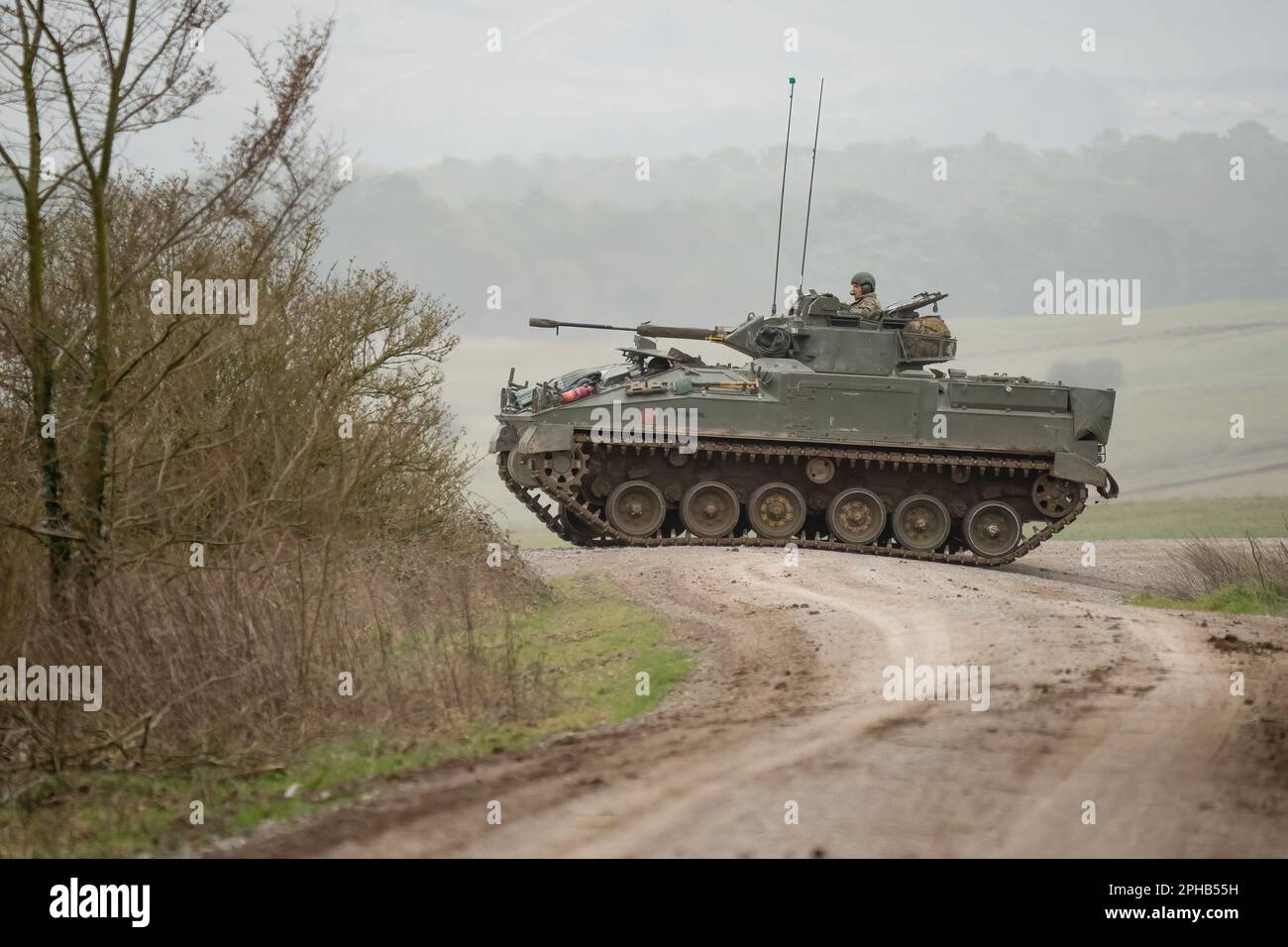 British army FV510 Warrior Fighting Vehicle manoeuvres on a military ...
