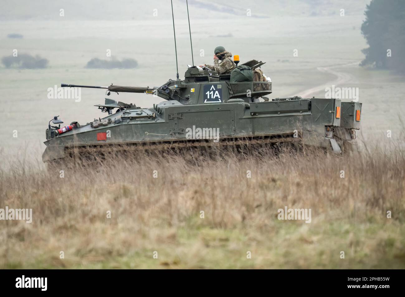 British army FV510 Warrior Fighting Vehicle manoeuvres on a military ...