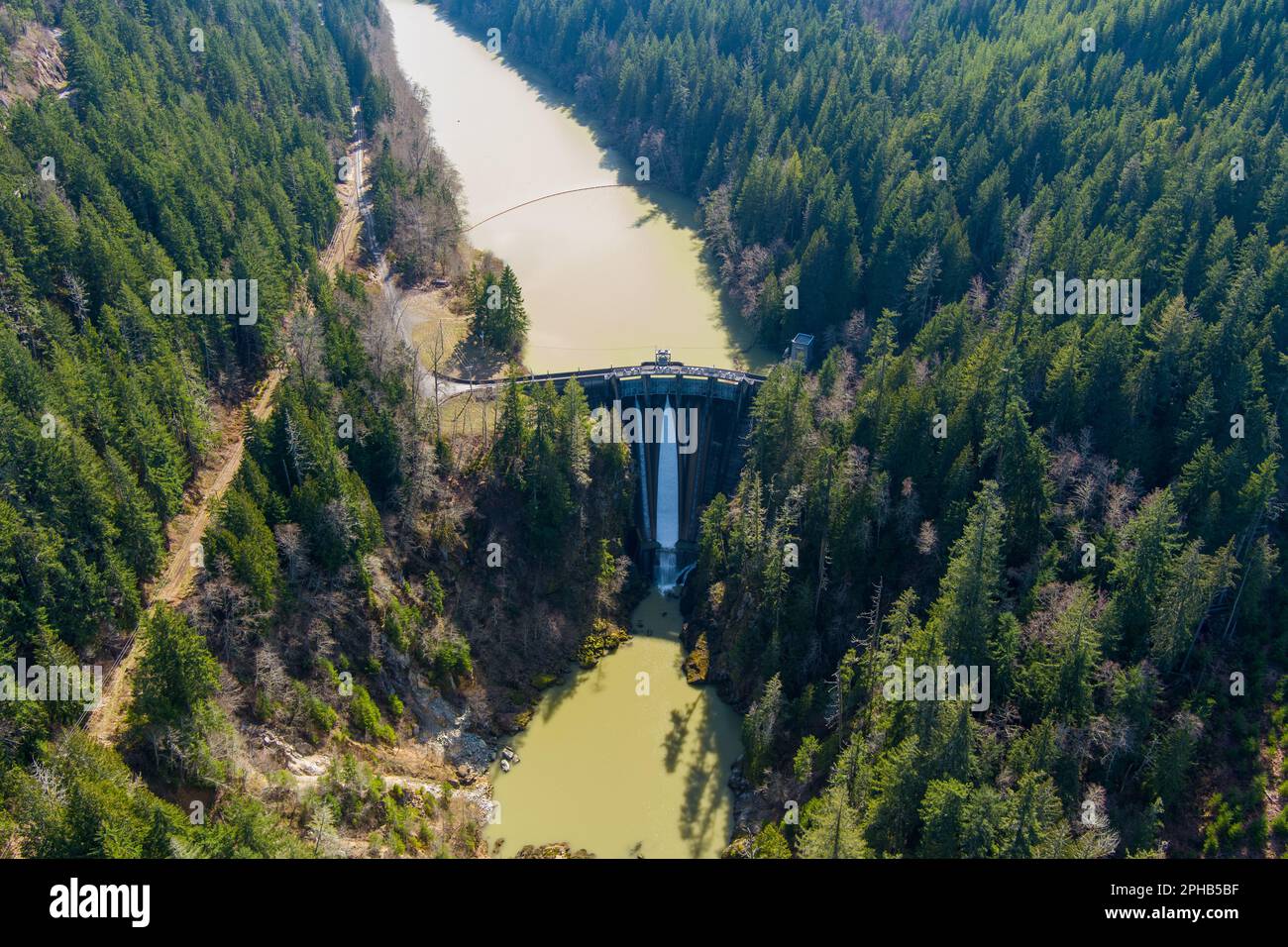 Aerial view of the Alder Dam and Nisqually River in the Cascade ...