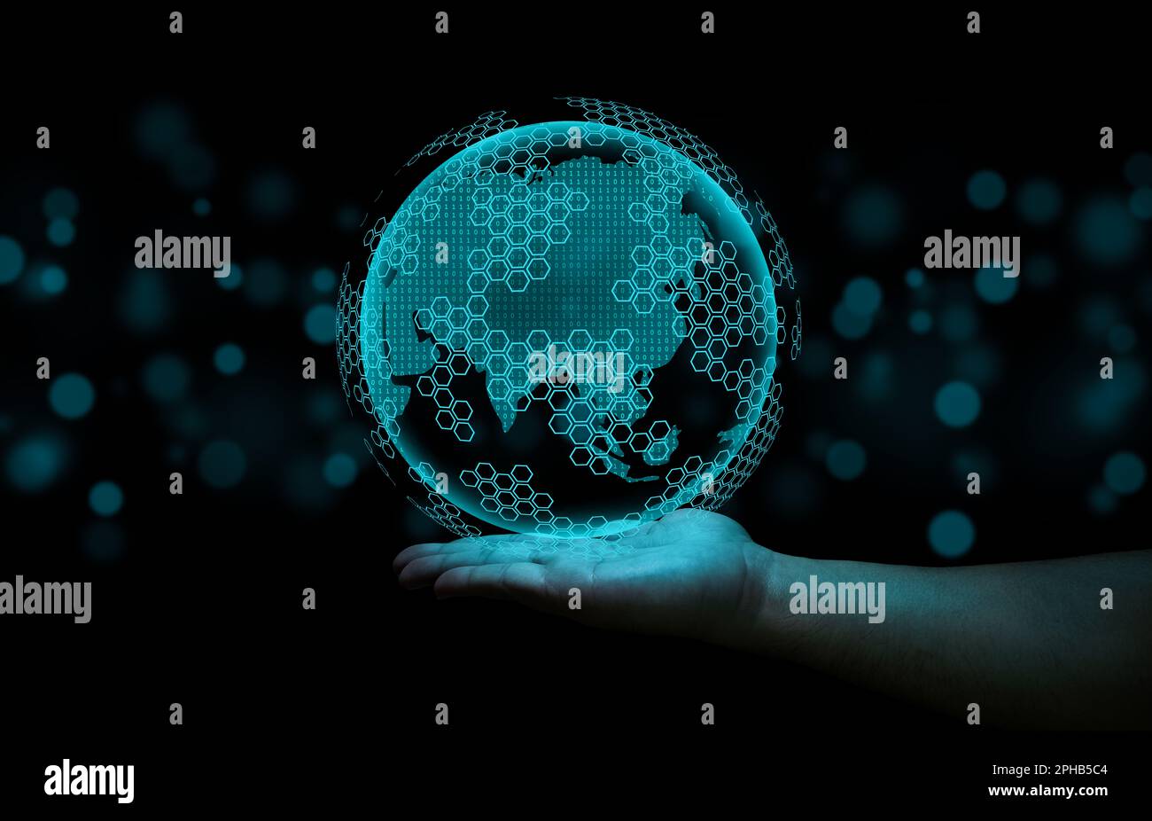 globe network hologram blue planet earth one hand hold earth Stock Photo - Alamy