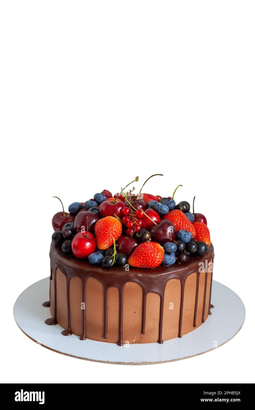 Chocolate cake with fresh berries, strawberry, cherry, blueberry ...