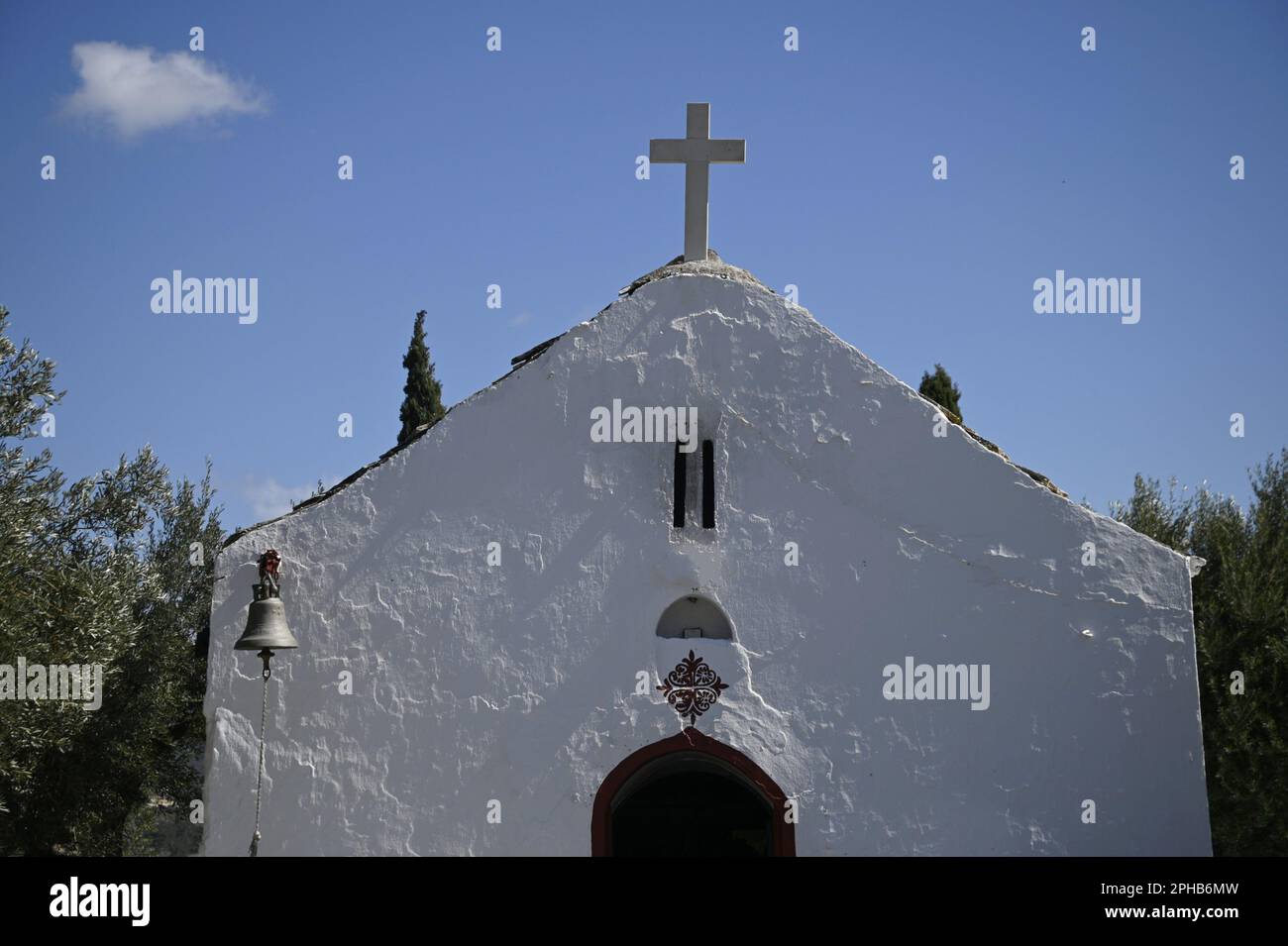 Landscape with scenic exterior view of Aghios Panteleimon a Greek ...