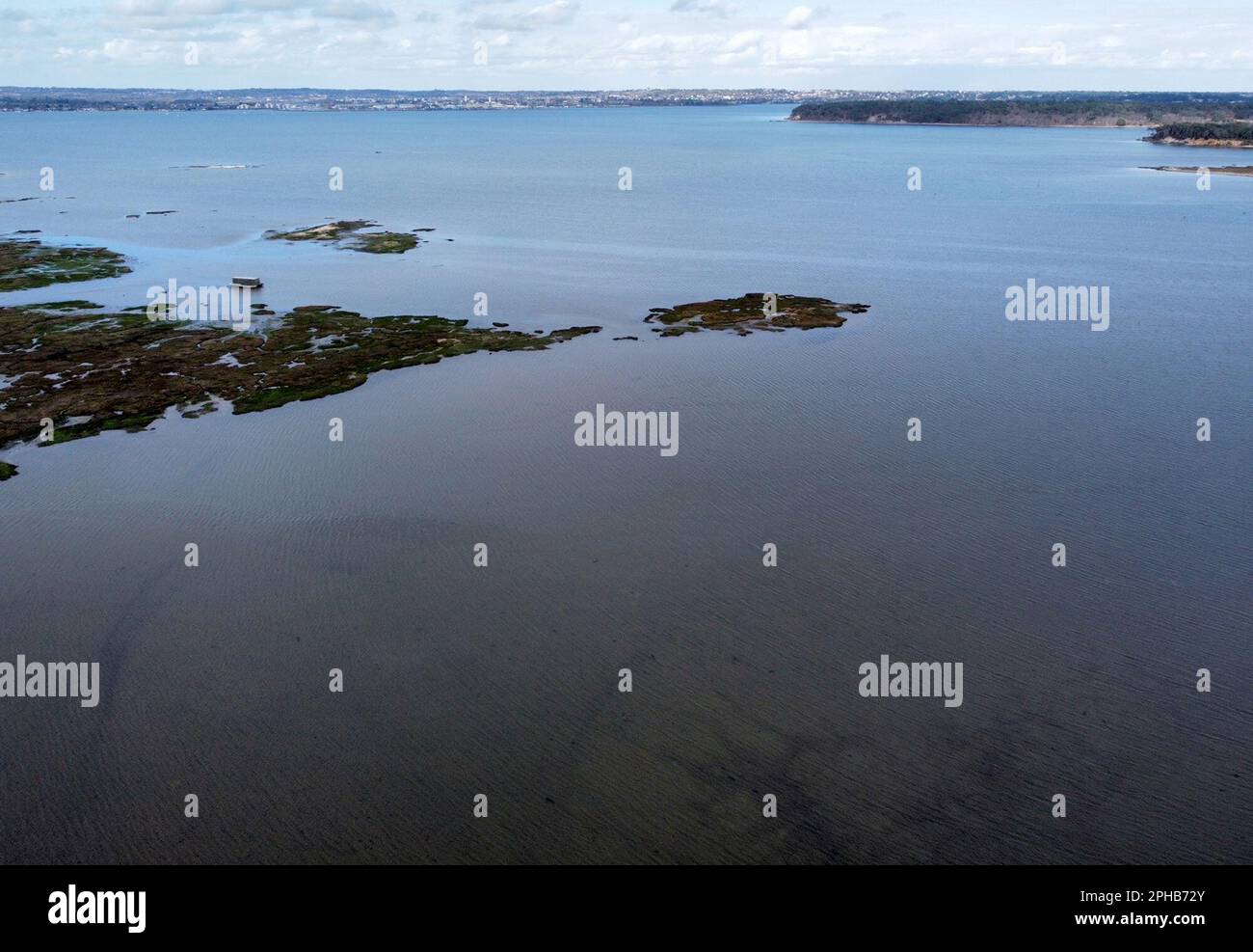 Oil is visible in the water of Poole Harbour, Dorset, following an oil ...