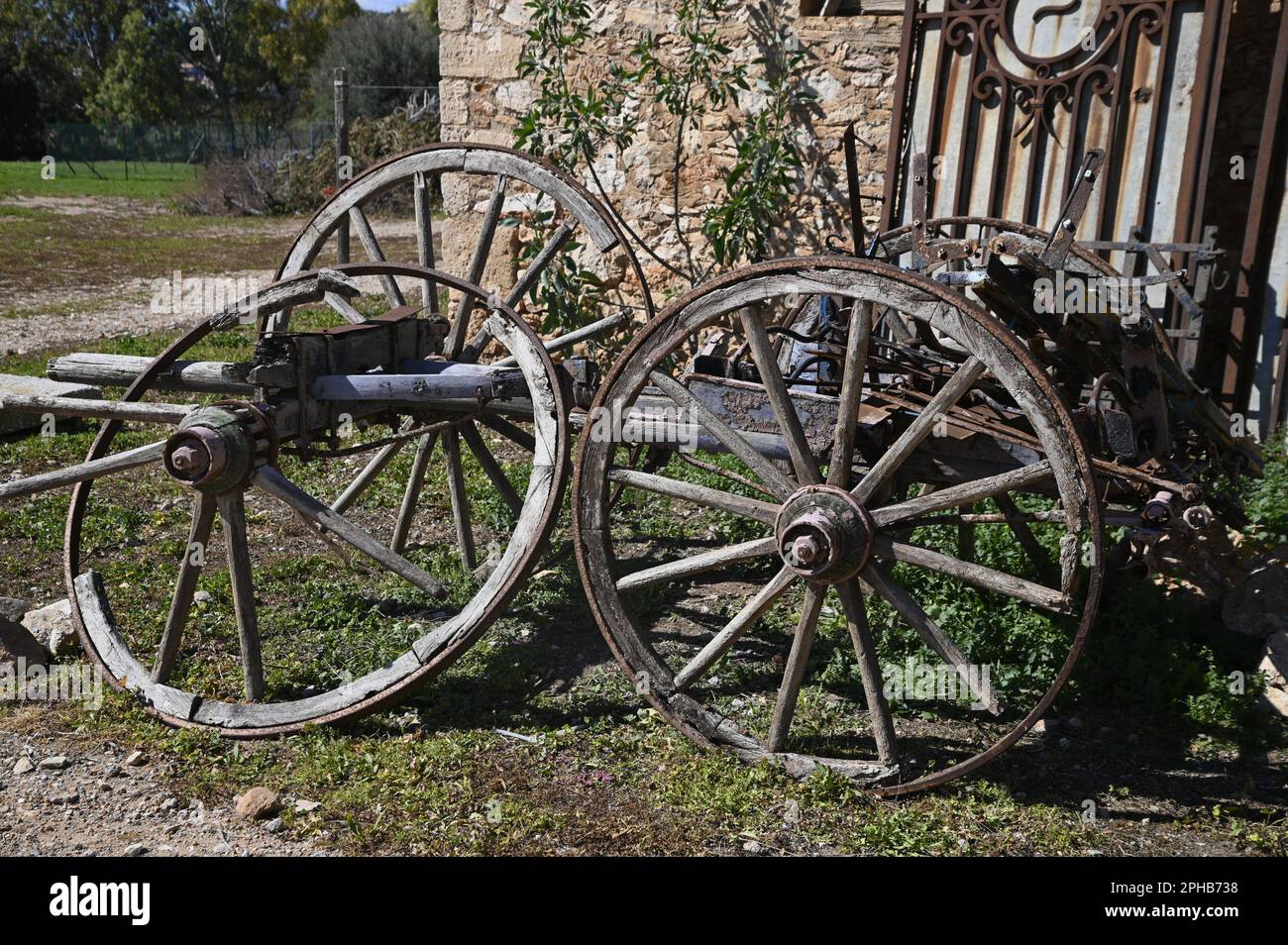 Antique wooden carriage in the countryside of Lagonissi in Attica ...
