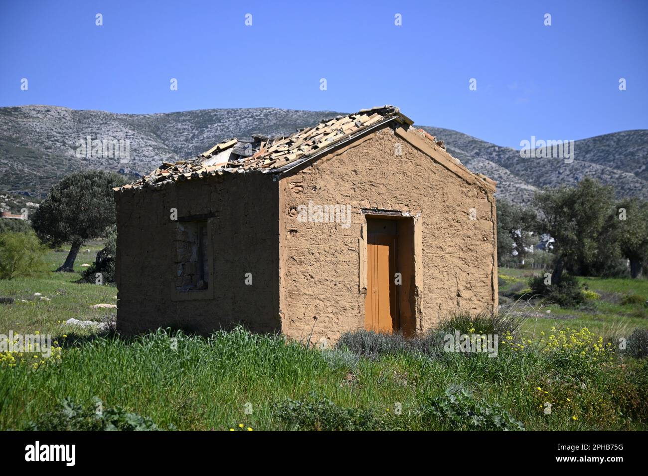 Rural landscape with scenic view of an antique wooden farming barn in ...