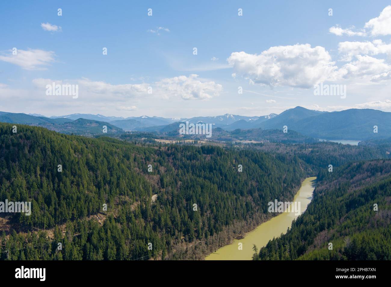 Aerial view of the Alder Dam and Nisqually River in the Cascade ...