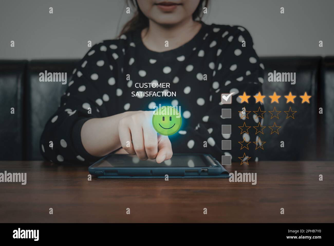 Young businesswoman checking mark and pressing face emoticon , customer ...