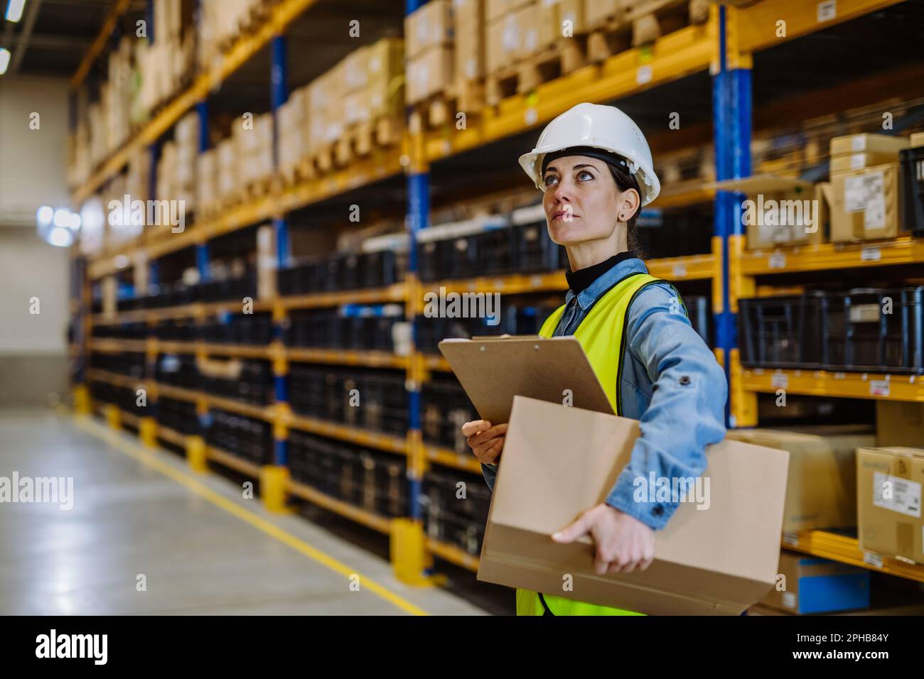 Warehouse female worker checking up stuff in a warehouse Stock Photo ...
