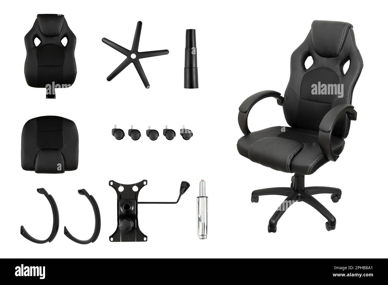 Set of pieces of a gamer chair and a chair assembled on one side, with ...