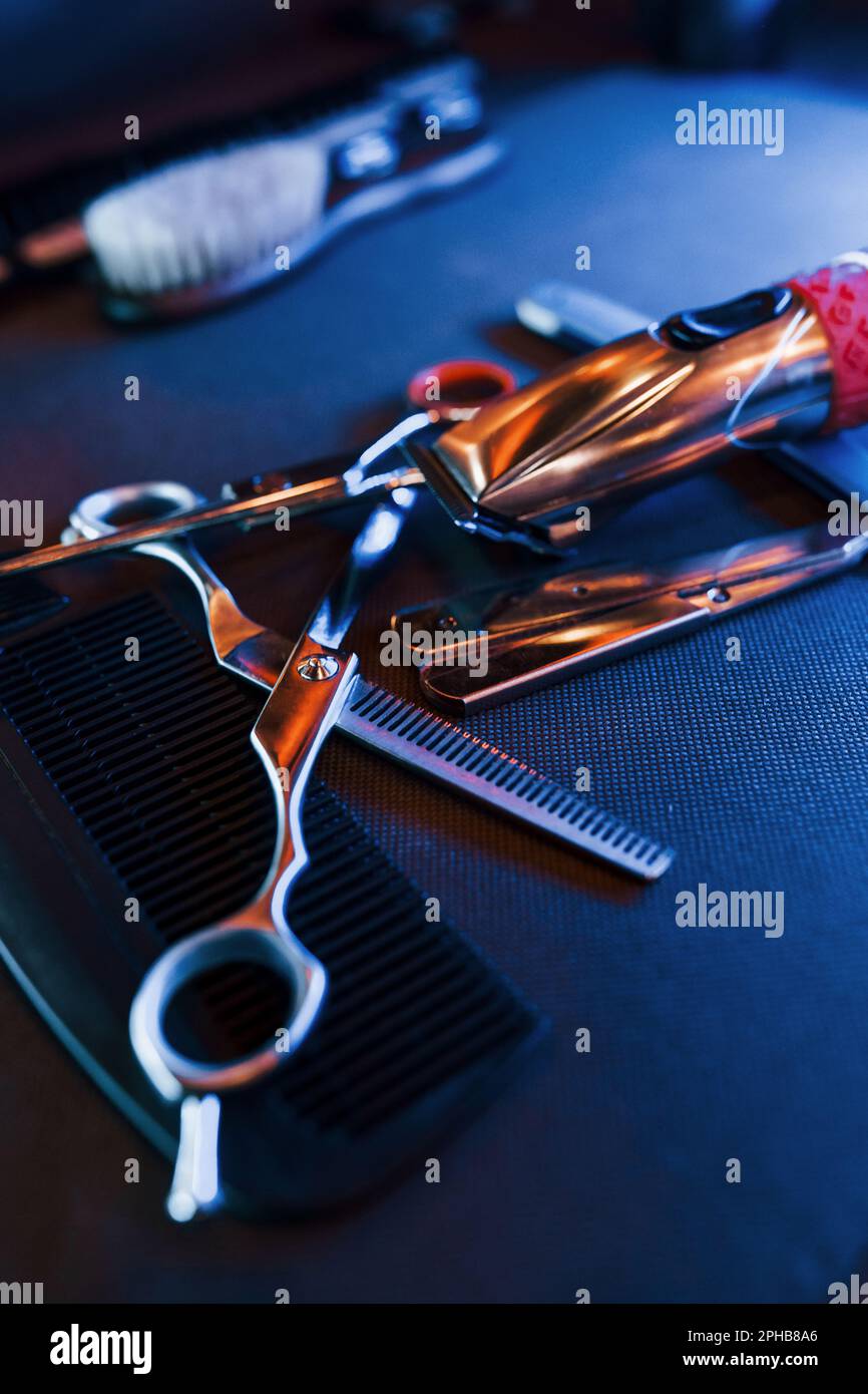 Close up view of vintage barber shop tools that lying down on the table ...