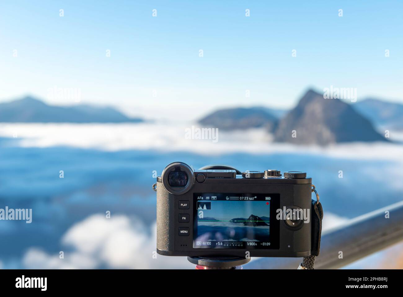Camera Filming Mountain Peak San Salvatore Above Cloudscape with ...