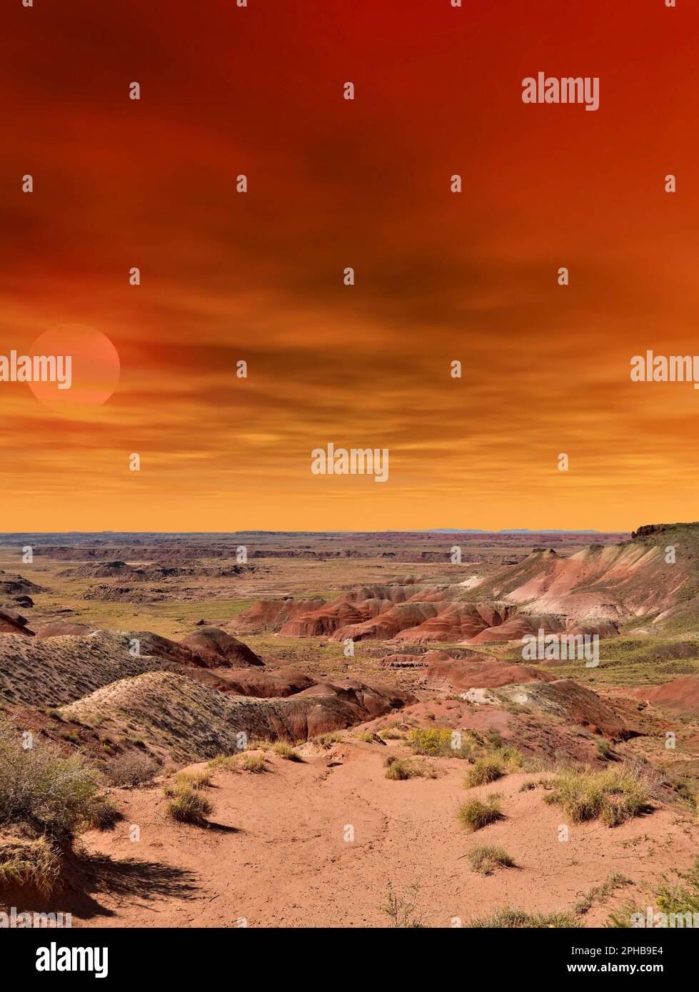 Sunset and Scenic landscape of the ancient petrified forest in Arizona ...