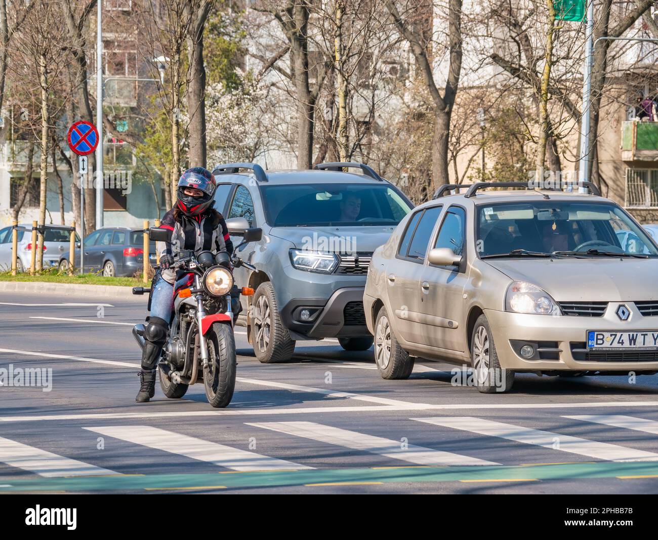 Bucharest, Romania - March 2023: Female biker on a motorcycle in ...