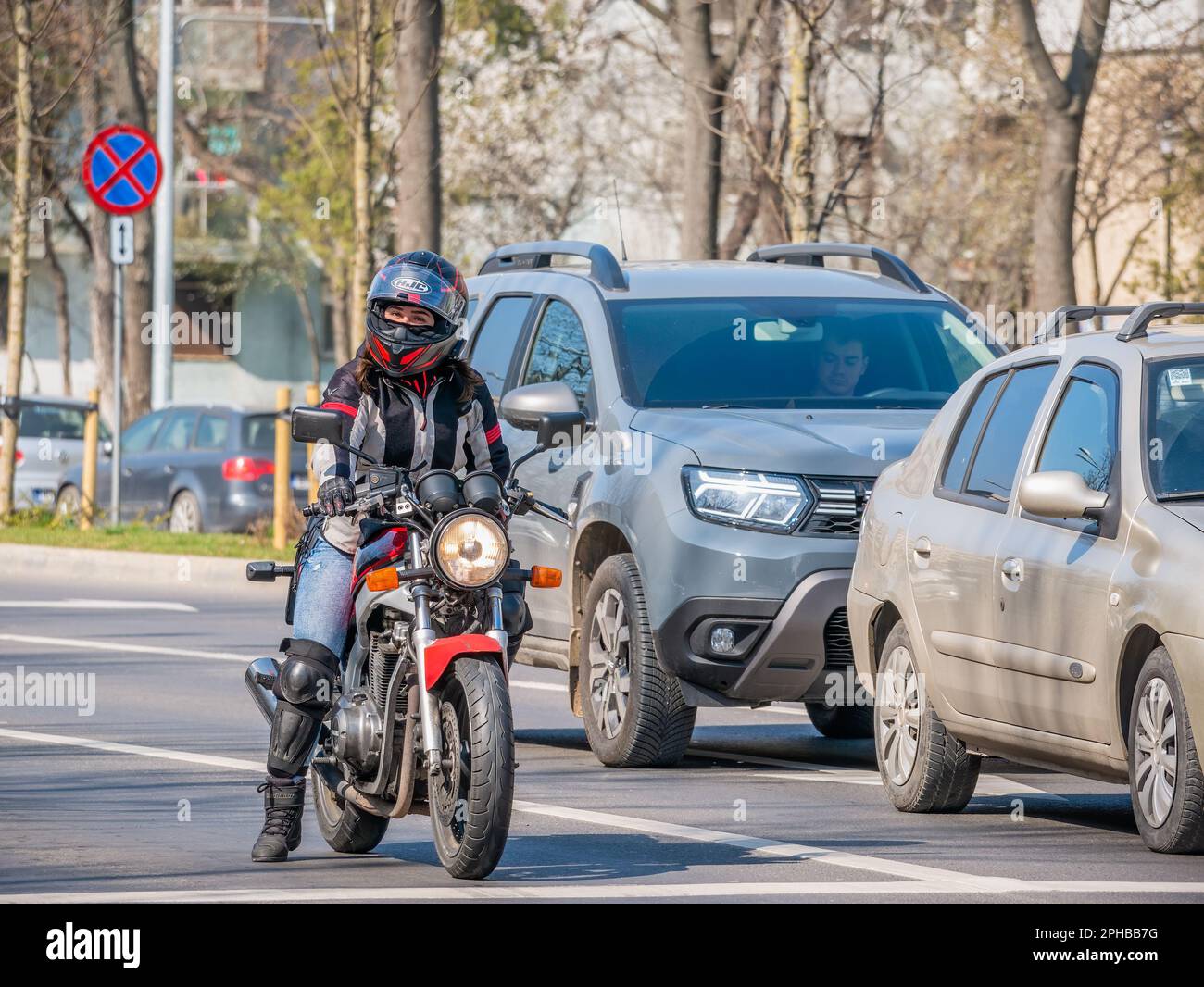 Bucharest, Romania - March 2023: Female biker on a motorcycle in ...