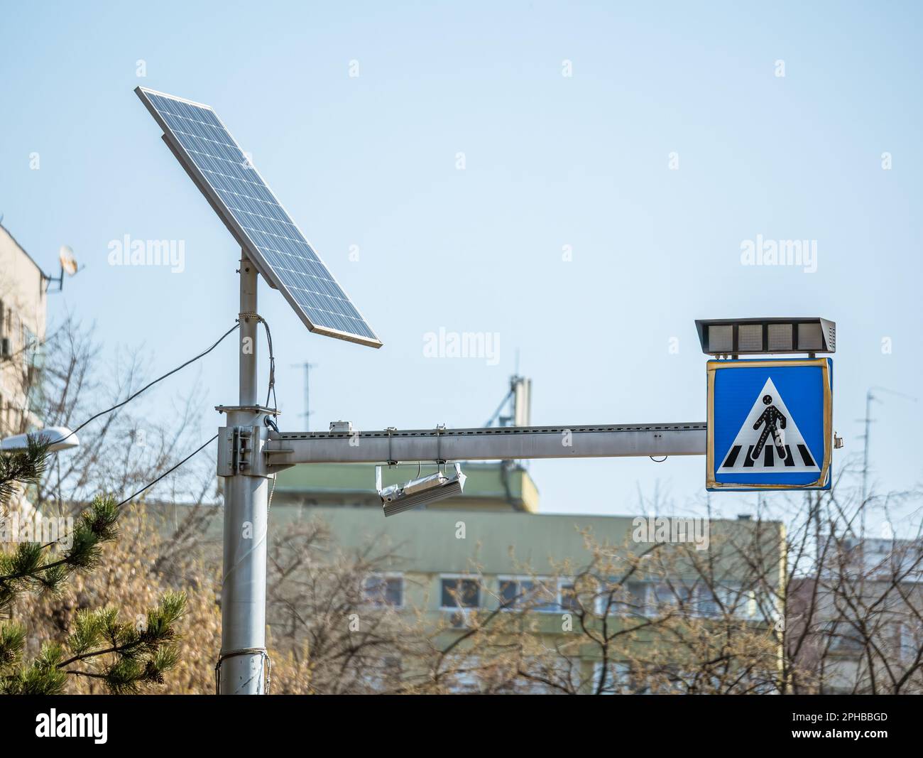 Zebra crossing sign or pedestrian crossing traffic sign powered by a ...