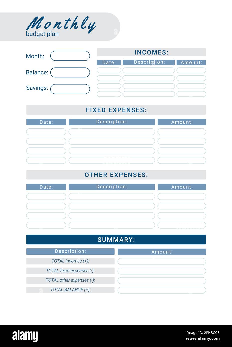 Printable personal monthly budget planner, vector illustration Stock ...
